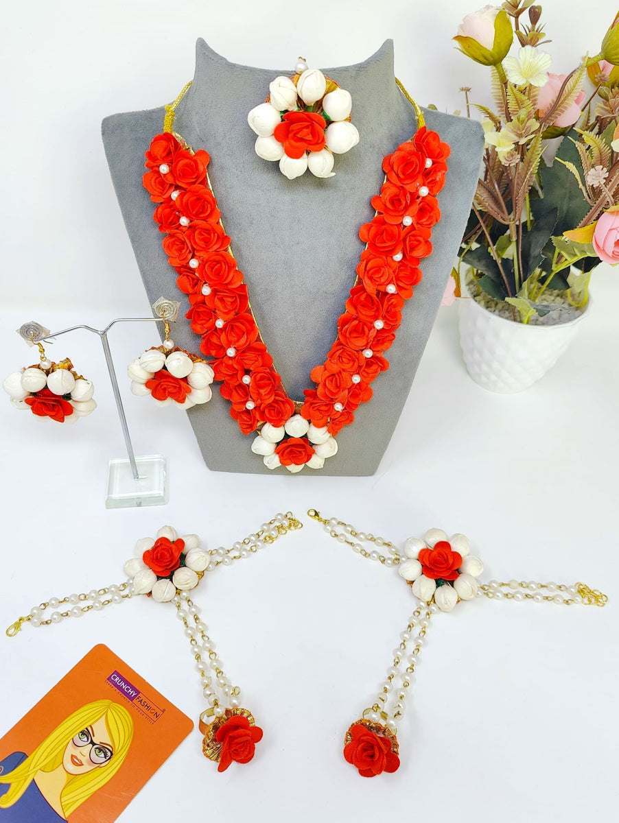 Red Long Necklace Floral Jewellery Set for Bridal Haldi, Mehndi, Baby ...