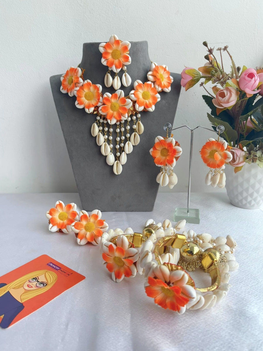 Orange Flower Cowrie Shells Jewellery Set for Haldi, Mehndi, Baby shower