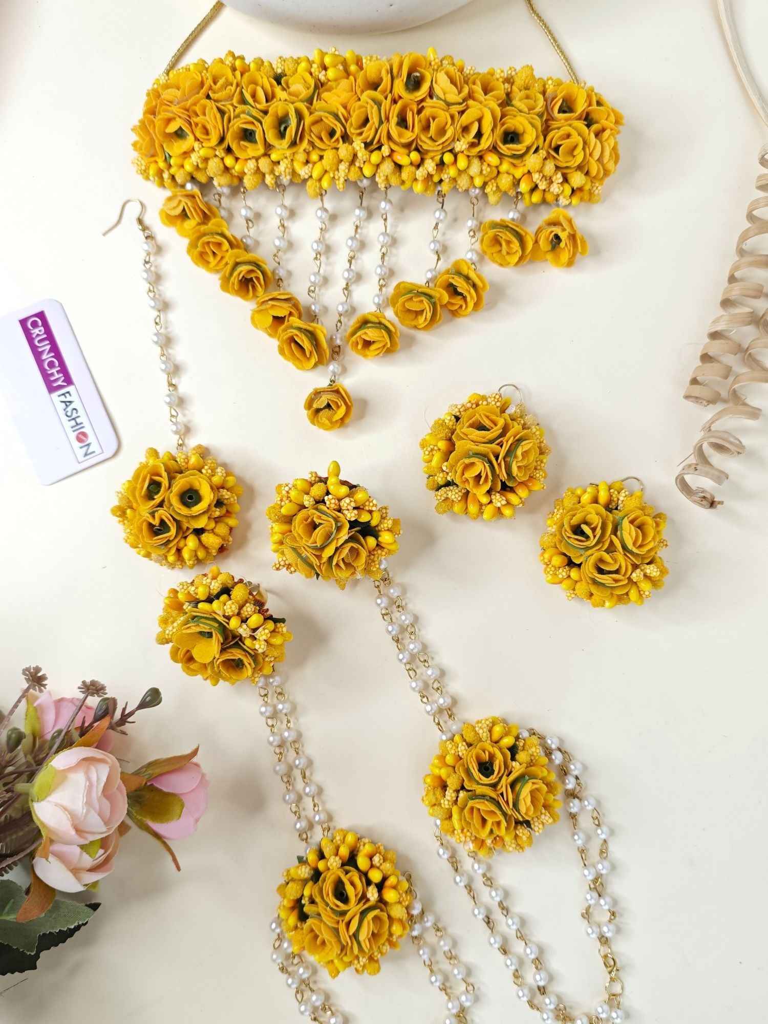 Handmade Yellow Artificial Floral Designer Jewellery Set for Haldi-Mehndi