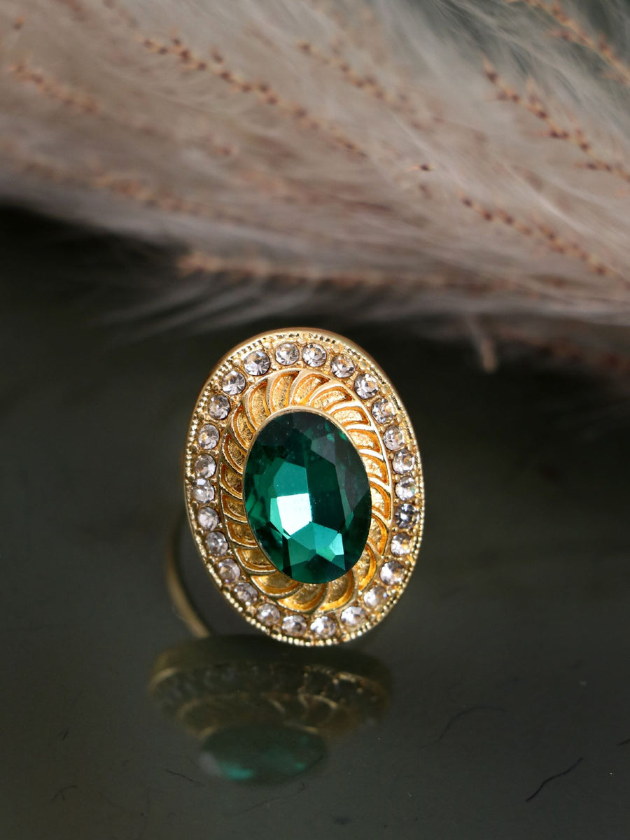Emrald Green Crystal Gold-Plated Traditional Party Ring for Women,Girls