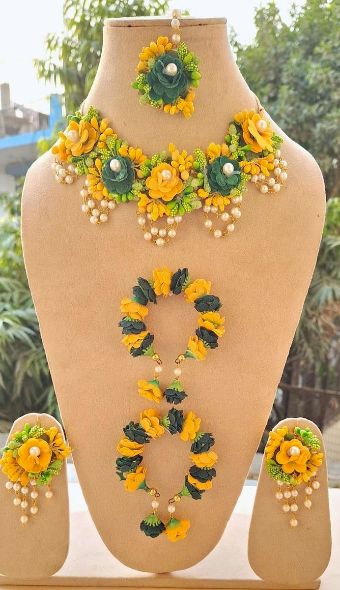 Green Floral Jewellery Set - Bridal Haldi Jewellery for Women & Girls