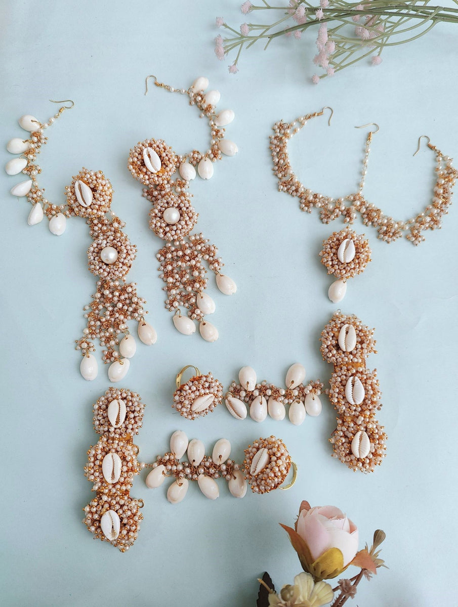 Pearl Cowrie Shell Handmade Floral Jewellery Set for Haldi-Mehndi Ceremony
