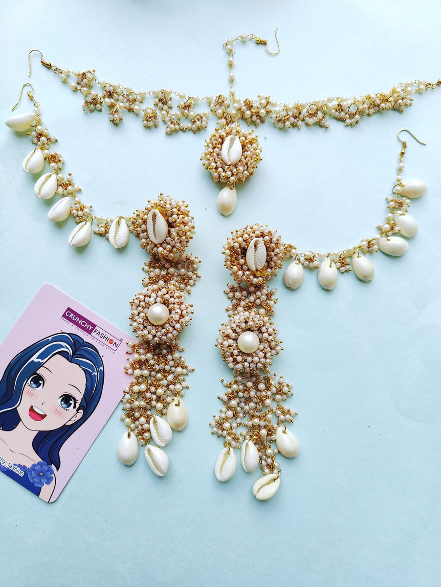 Pearl Cowrie Shell Handmade Floral Jewellery Set for Haldi-Mehndi Ceremony