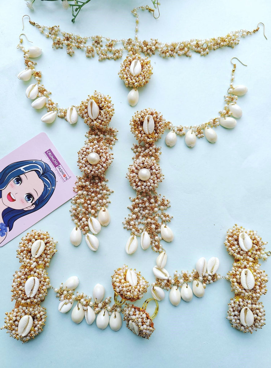 Pearl Cowrie Shell Handmade Floral Jewellery Set for Haldi-Mehndi Ceremony