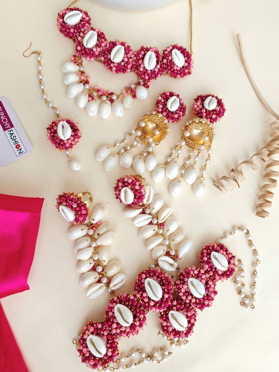 Pink Pearl & Cowrie Shell Jewellery for Haldi, Mehndi, Carnival