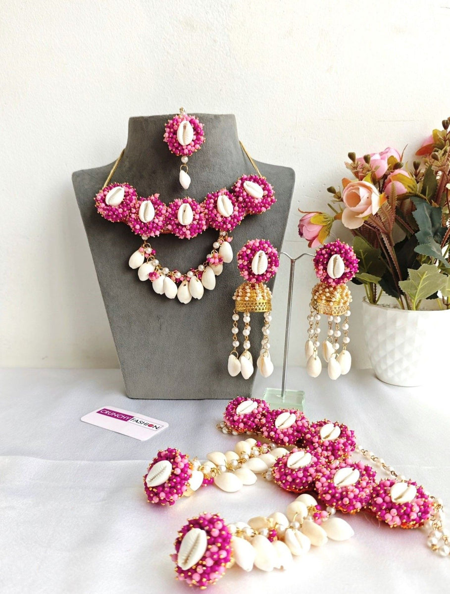 Pink Pearl & Cowrie Shell Jewellery for Haldi, Mehndi, Carnival