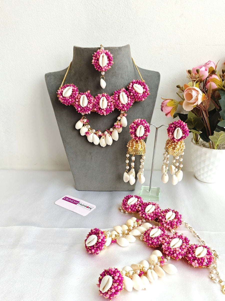 Pink Pearl & Cowrie Shell Jewellery for Haldi, Mehndi, Carnival