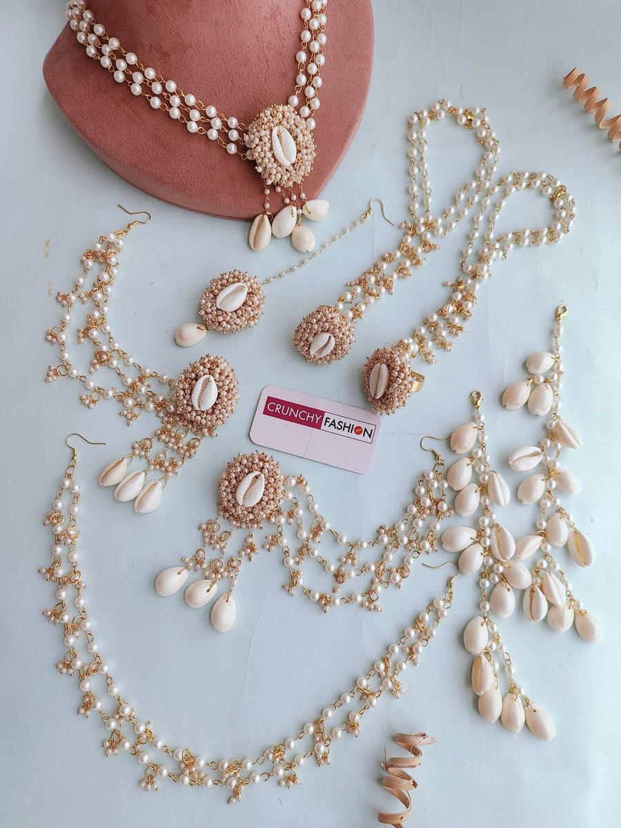 White Pearl Cowrie Shell Jewellery Set for Haldi Mehndi Carnival