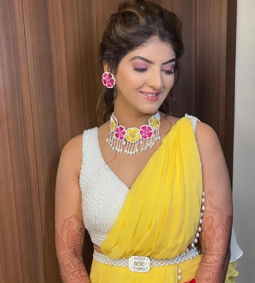 Beaded Bridal Haldi Jewelry Set - Multicolor Floral Set for Women
