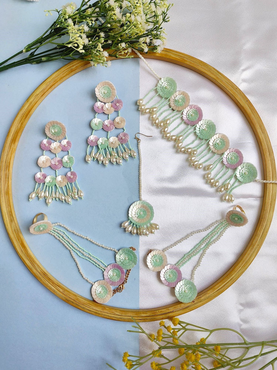 Peach-Mint Floral Haldi-Mehndi Jewellery Set | Handmade for Women & Girls