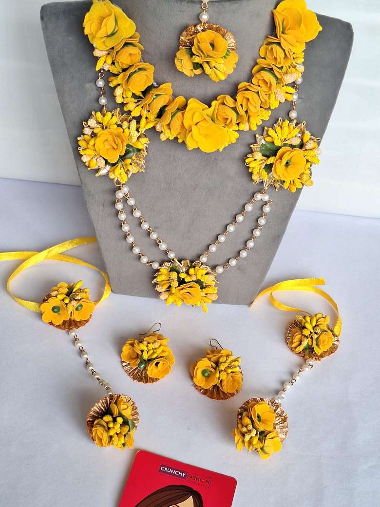 Yellow Flower Theme Haldi Jewellery Set For Women & Girls