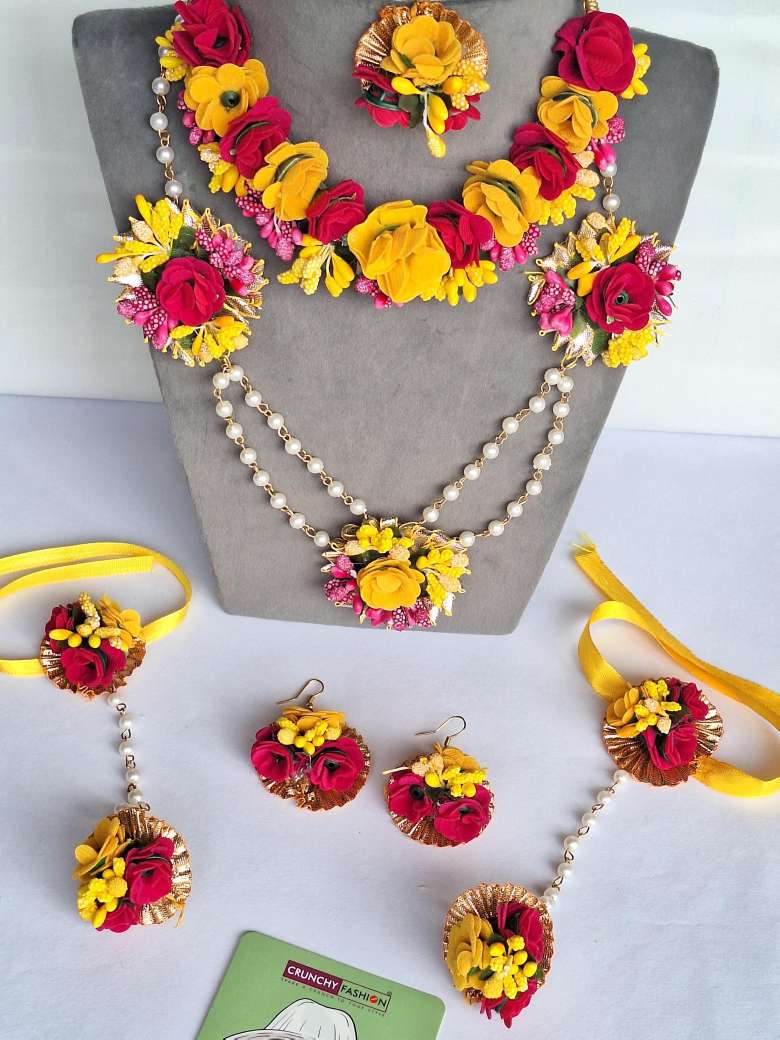 Bridal Haldi Jewellery| Handmade Hot Pink-Yellow Floral Bridal Sets for ...