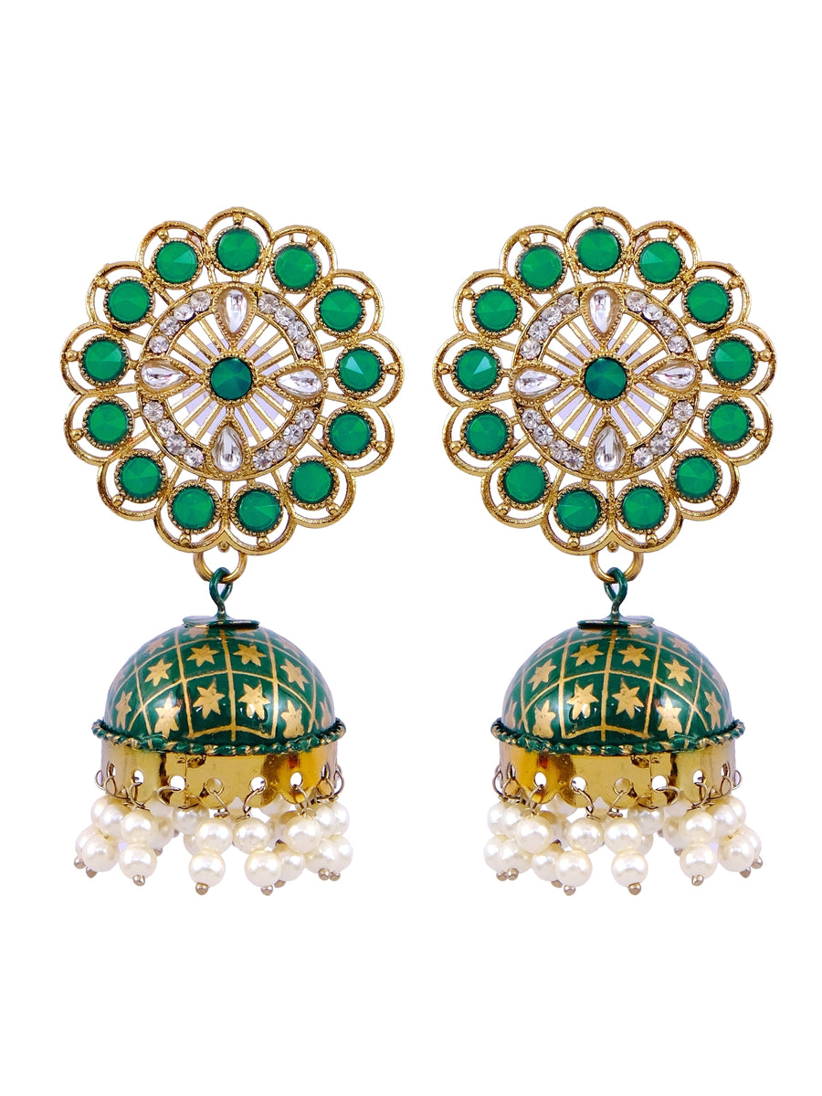 Traditional Green Floral Gold-Plated Round Jhumka Earrings | Floral ...